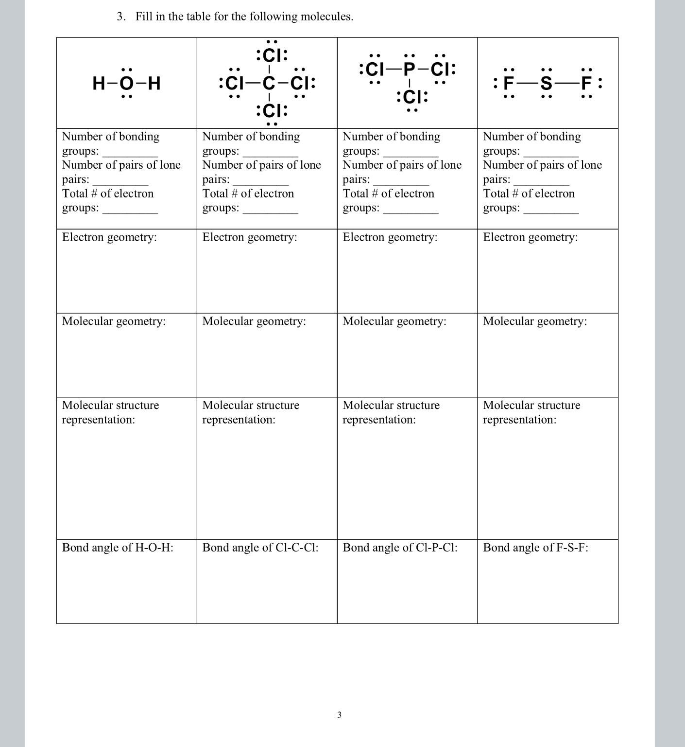 Solved 3. Fill in the table for the following molecules. | Chegg.com