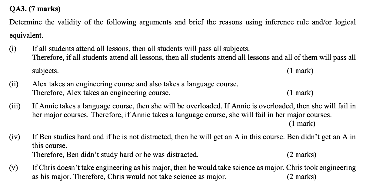 Solved QA3. (7 marks) Determine the validity of the | Chegg.com