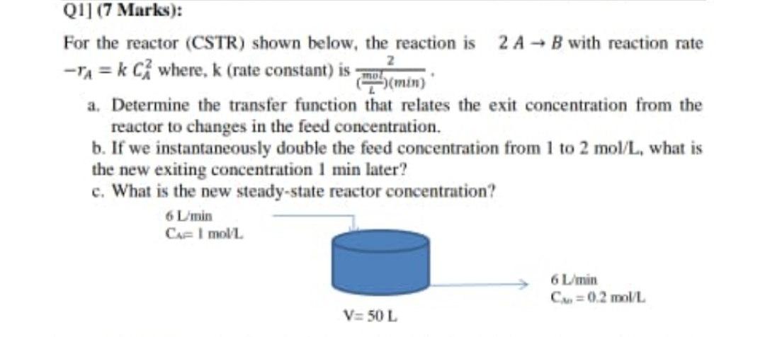Solved Q1] (7 Marks): For the reactor (CSTR) shown below, | Chegg.com
