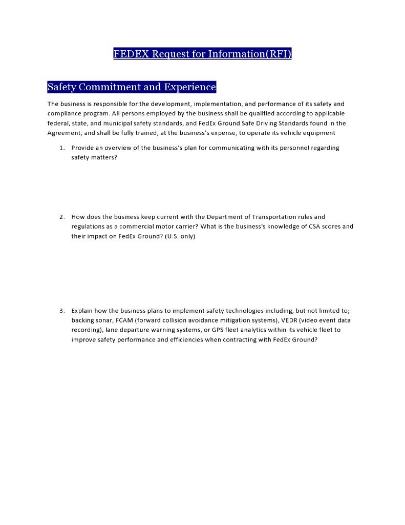 Solved FEDEX Request for Information(RFI) Safety Commitment | Chegg.com