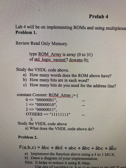 Solved Prelab 4 Lab 4 will be on implementing ROMs and using | Chegg.com