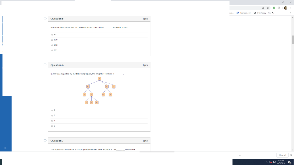 Solved di se Dupy Questions 1 pts A proper binary tras 100 | Chegg.com