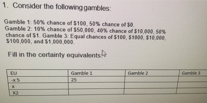 Solved 1. Consider the following gambles: Gamble 1: 50% | Chegg.com