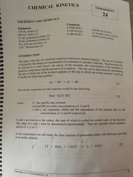 CHEMICAL KINETICS EXPERIMENT 24 EQUIPMENT AND | Chegg.com