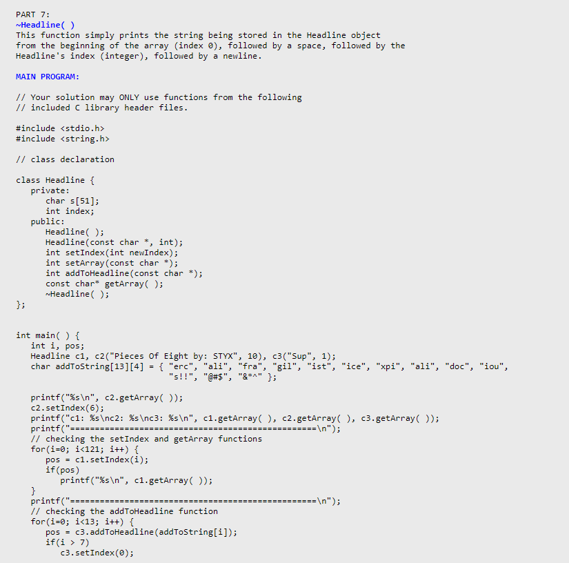 Solved SPECIFICATIONS: Create a C+t class called a | Chegg.com
