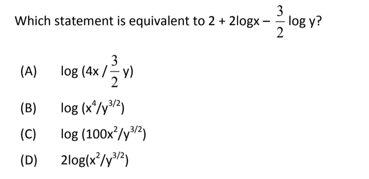 Solved Which statement is equivalent to 2 + 2logx- - log y? | Chegg.com