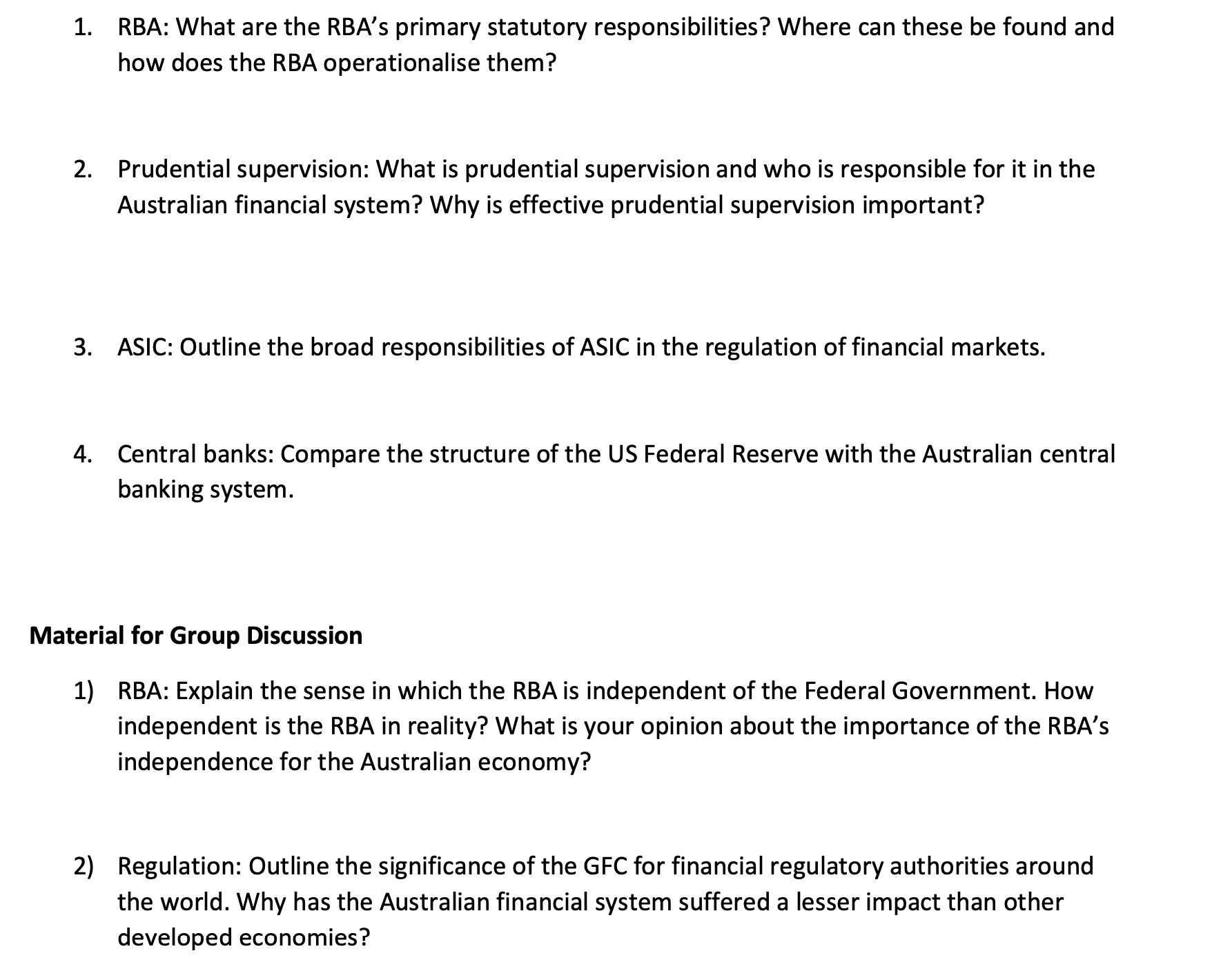 Solved 1. RBA: What are the RBA's primary statutory | Chegg.com