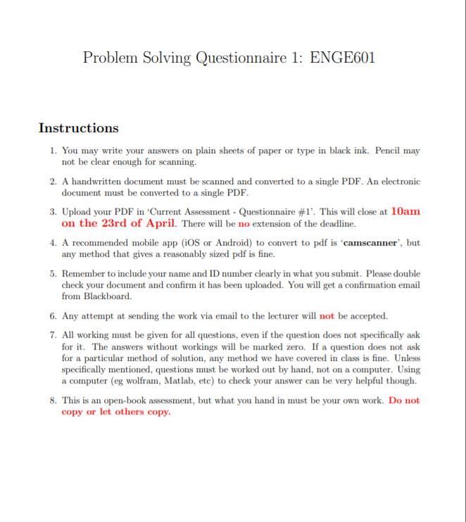 Problem Solving Questionnaire 1: ENGE601 Instructions | Chegg.com