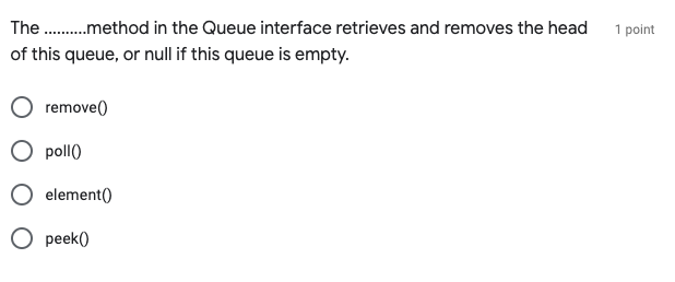 Solved 1 point The .........method in the Queue interface | Chegg.com