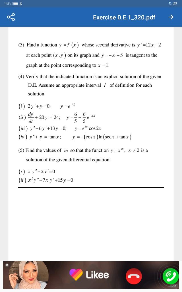 Solved ۱۳- 4 Exercise D.E.1_320.pdf (3) Find a function y = | Chegg.com