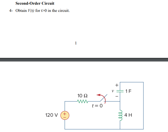 Solved Second-Order Circuit4- ﻿Obtain V(t) ﻿for t>0 ﻿in the | Chegg.com