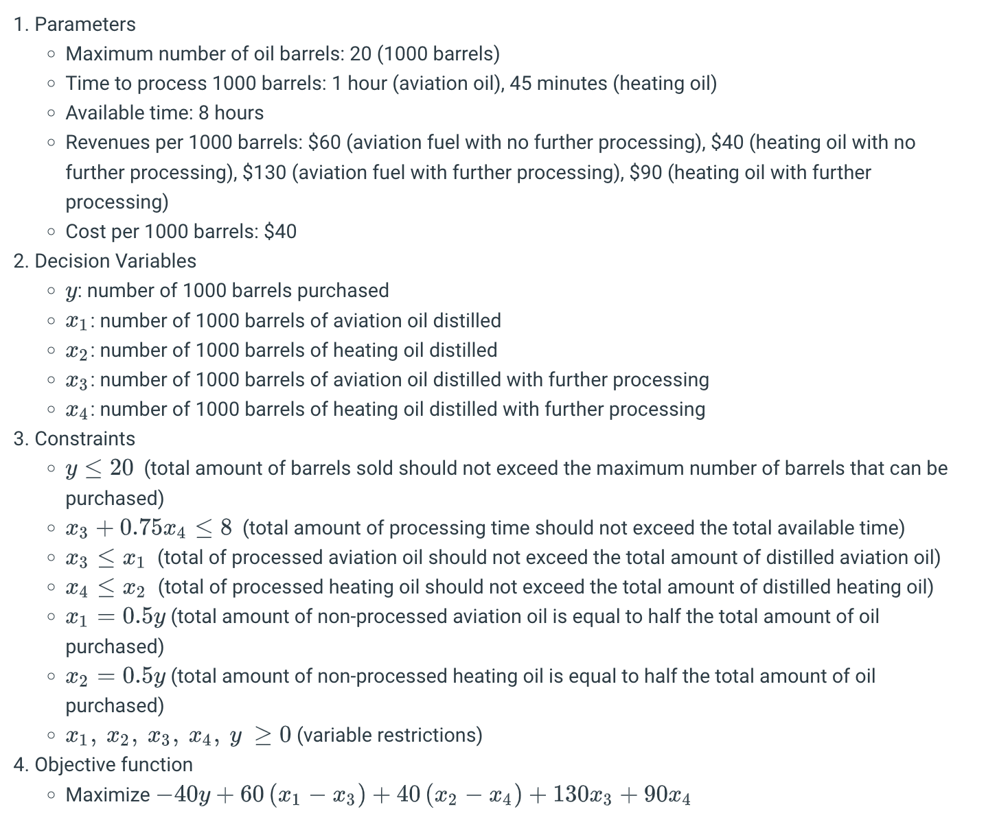 Solved ParametersMaximum number of oil barrels: 20 (1000 | Chegg.com
