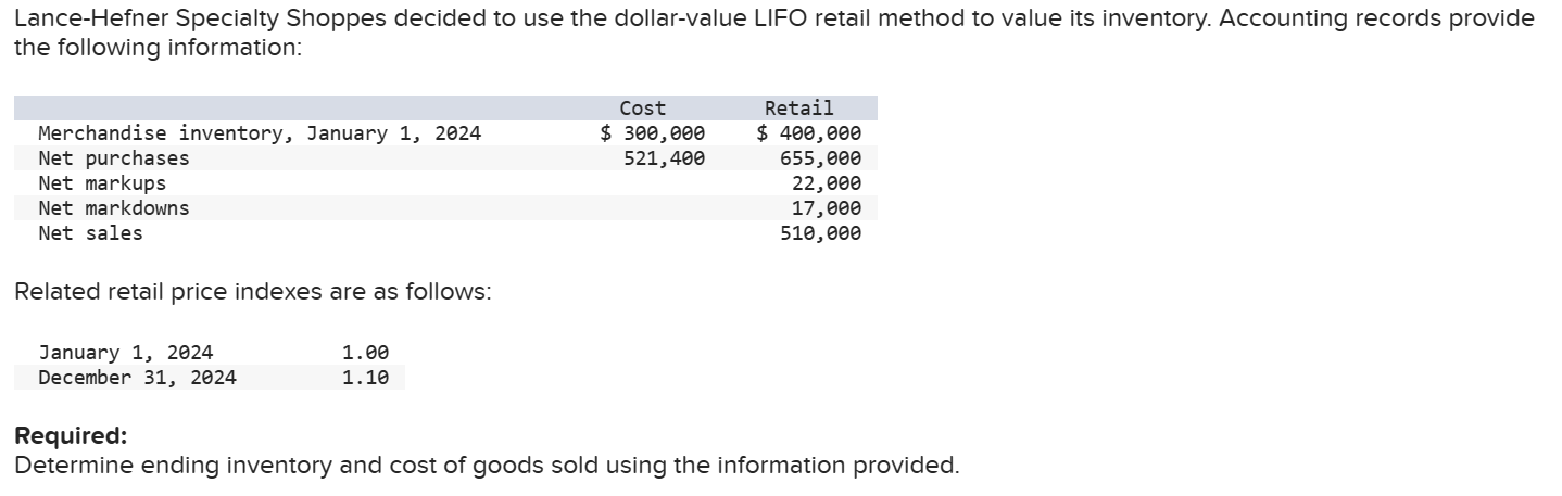 Solved Lance-Hefner Specialty Shoppes decided to use the | Chegg.com