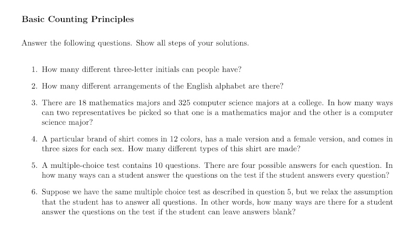Solved Basic Counting Principles Answer the following | Chegg.com