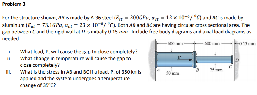 Solved Problem 3 For the structure shown, AB is made by A-36 | Chegg.com