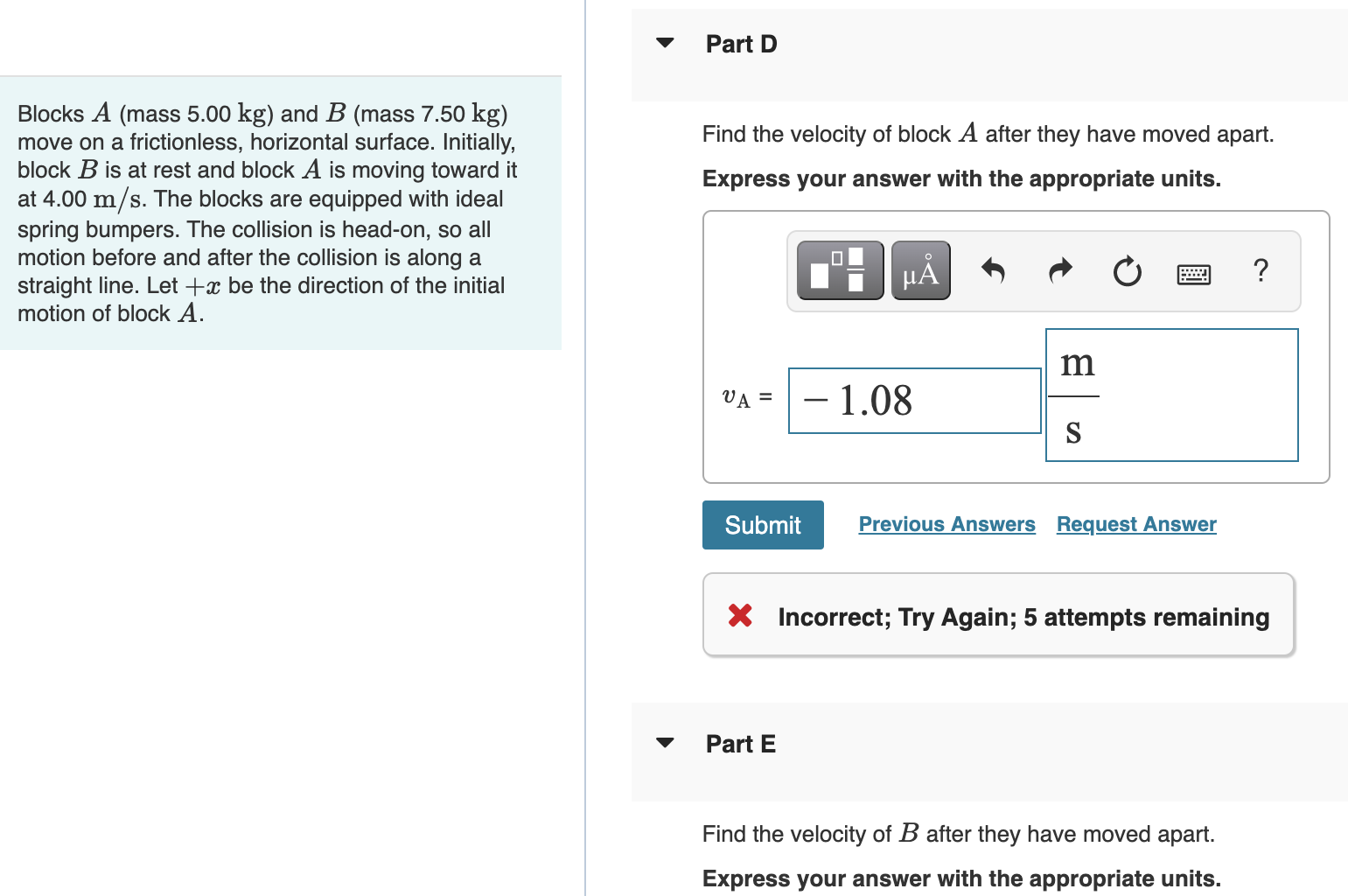 Solved Blocks A (mass 5.00 kg ) and B (mass 7.50 kg ) move | Chegg.com