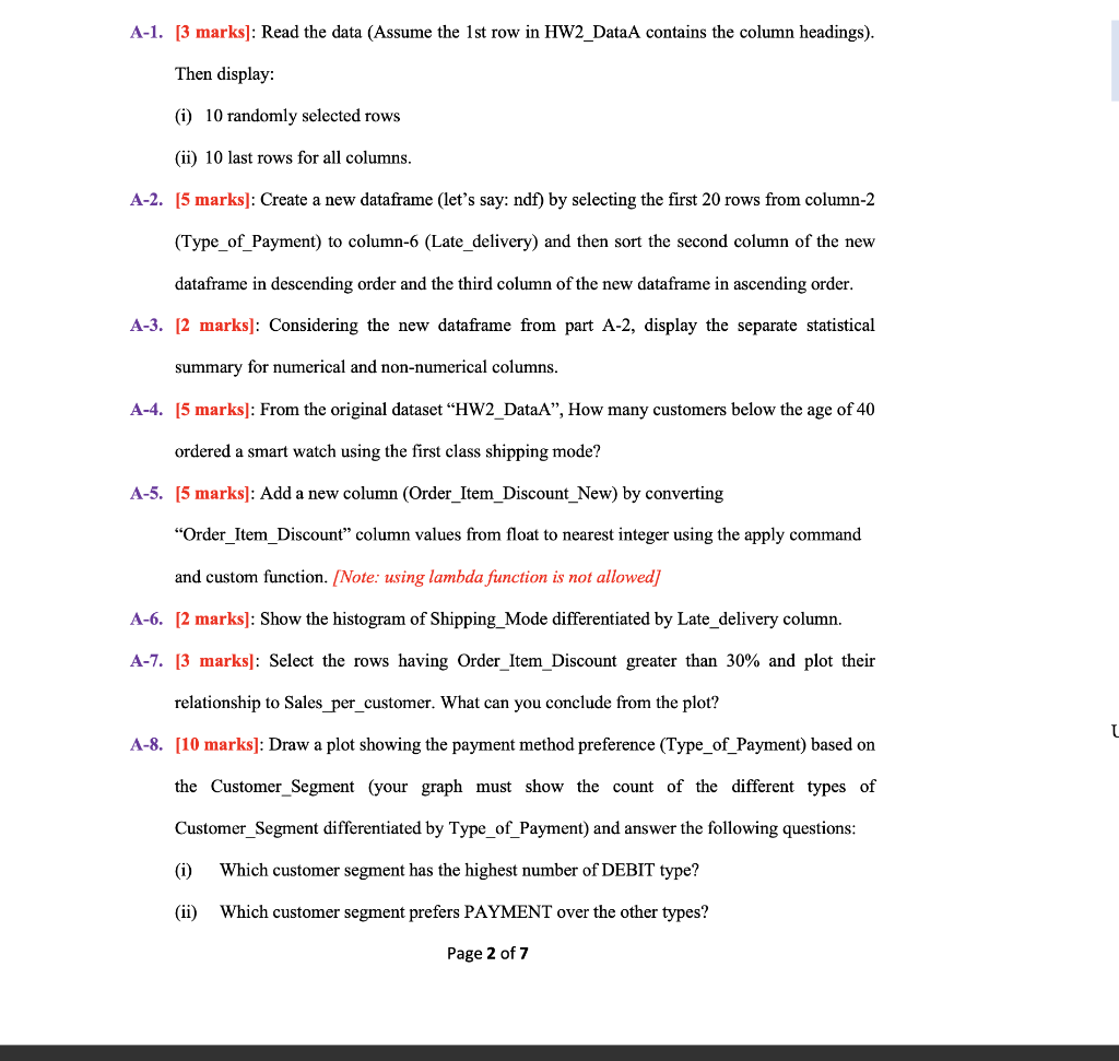 Solved A-1. [3 marks]: Read the data (Assume the 1st row in | Chegg.com