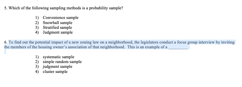Solved 5. Which of the following sampling methods is a | Chegg.com