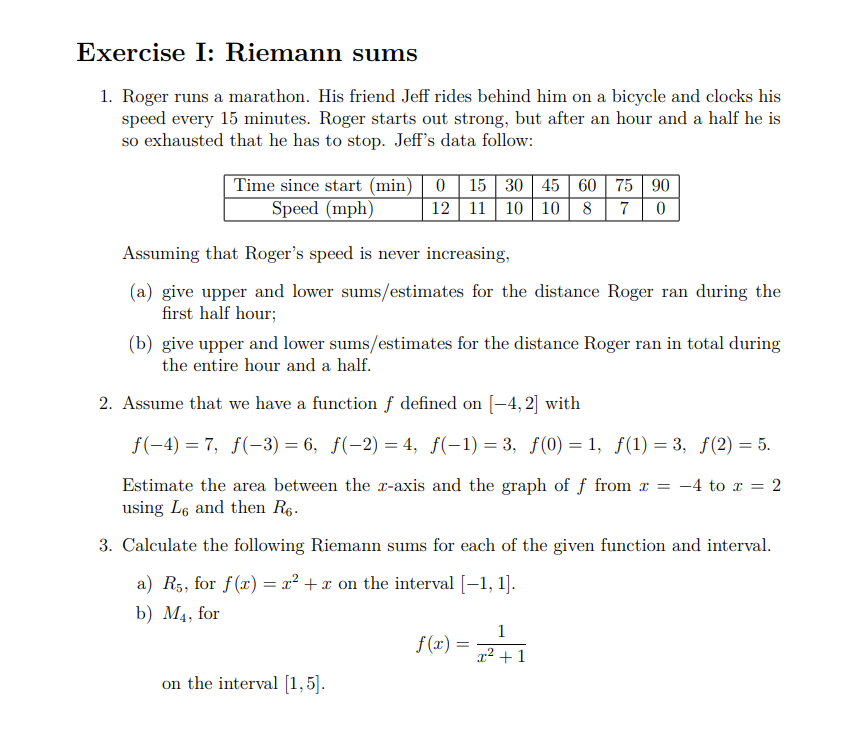 Solved Exercise I: Riemann sums 1. Roger runs a marathon. | Chegg.com