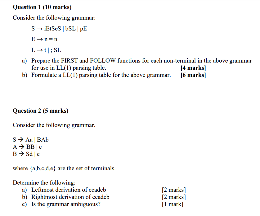 Solved Question 1 (10 marks) Consider the following grammar: | Chegg.com