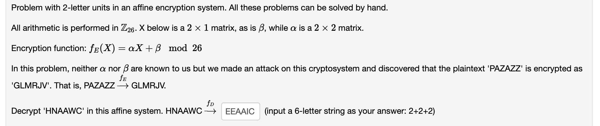 Solved Problem with 2-letter units in an affine encryption | Chegg.com