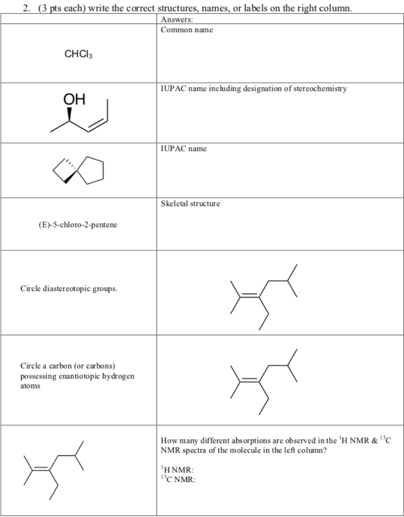 Solved 2. (3 pts each) write the correct structures, names, | Chegg.com