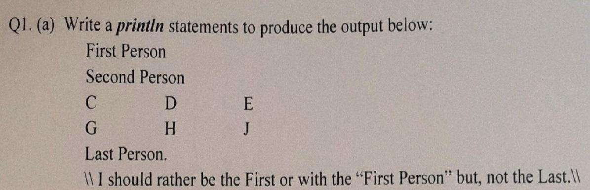 Solved Q1. (a) Write a println statements to produce the | Chegg.com