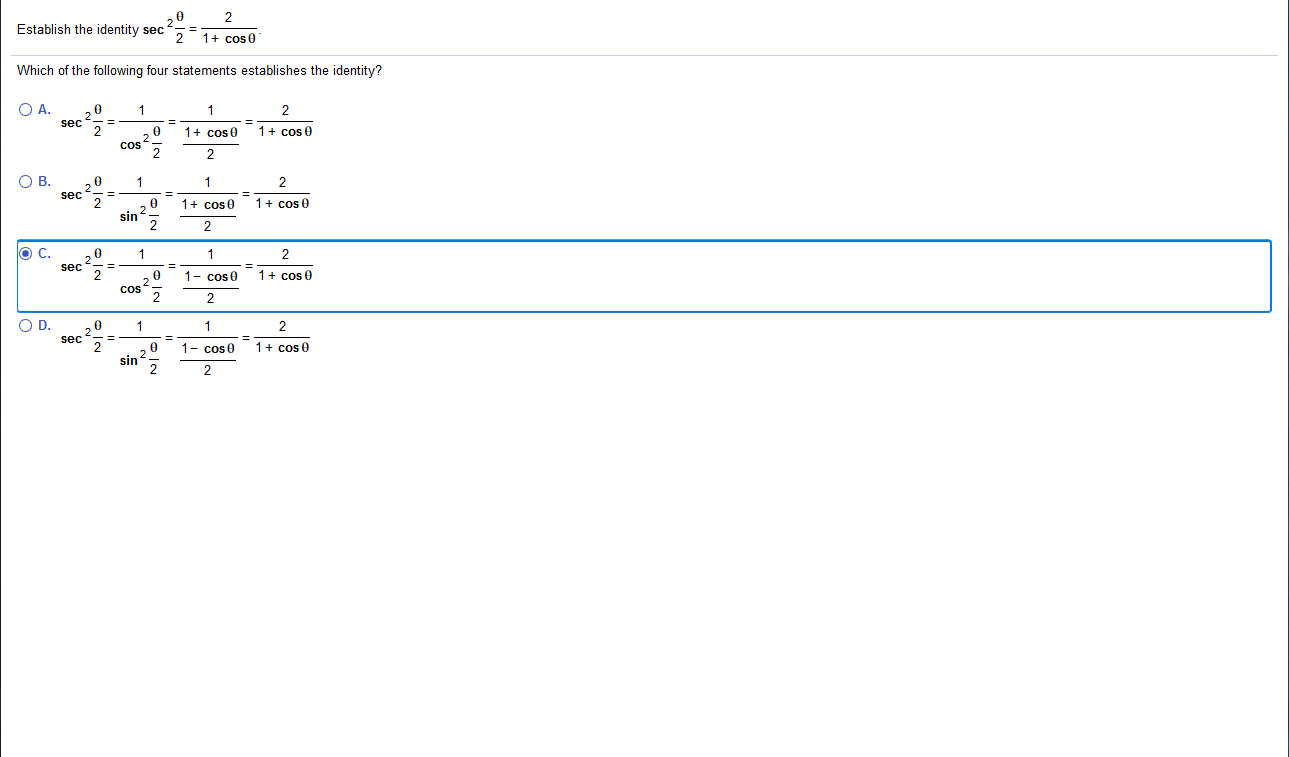 Solved 20 Establish the identity sec 2 2 1+ cos 0 Which of | Chegg.com
