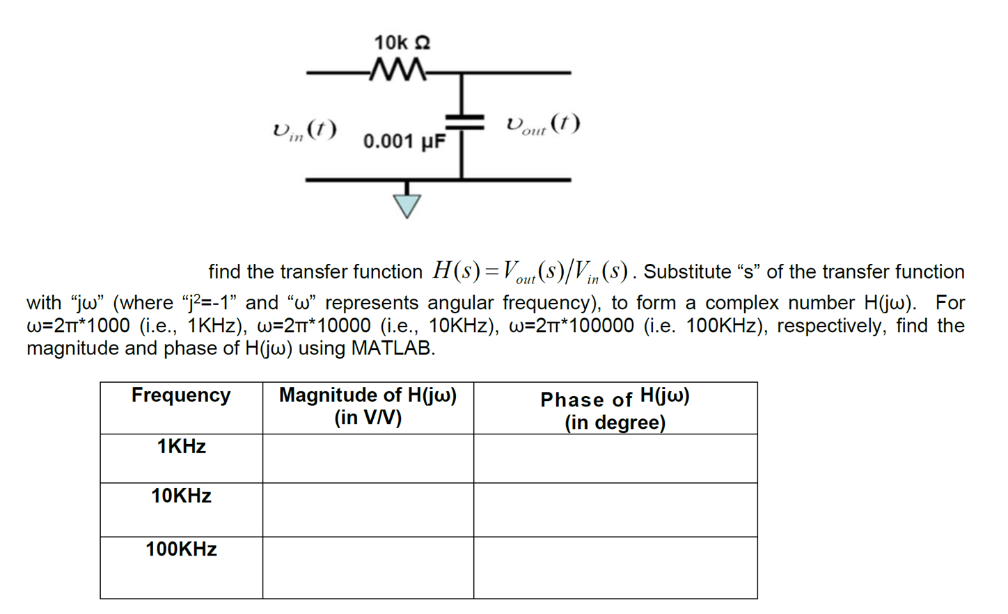 Solved find the transfer function H(s)=Vout(s)/Vin(s). | Chegg.com