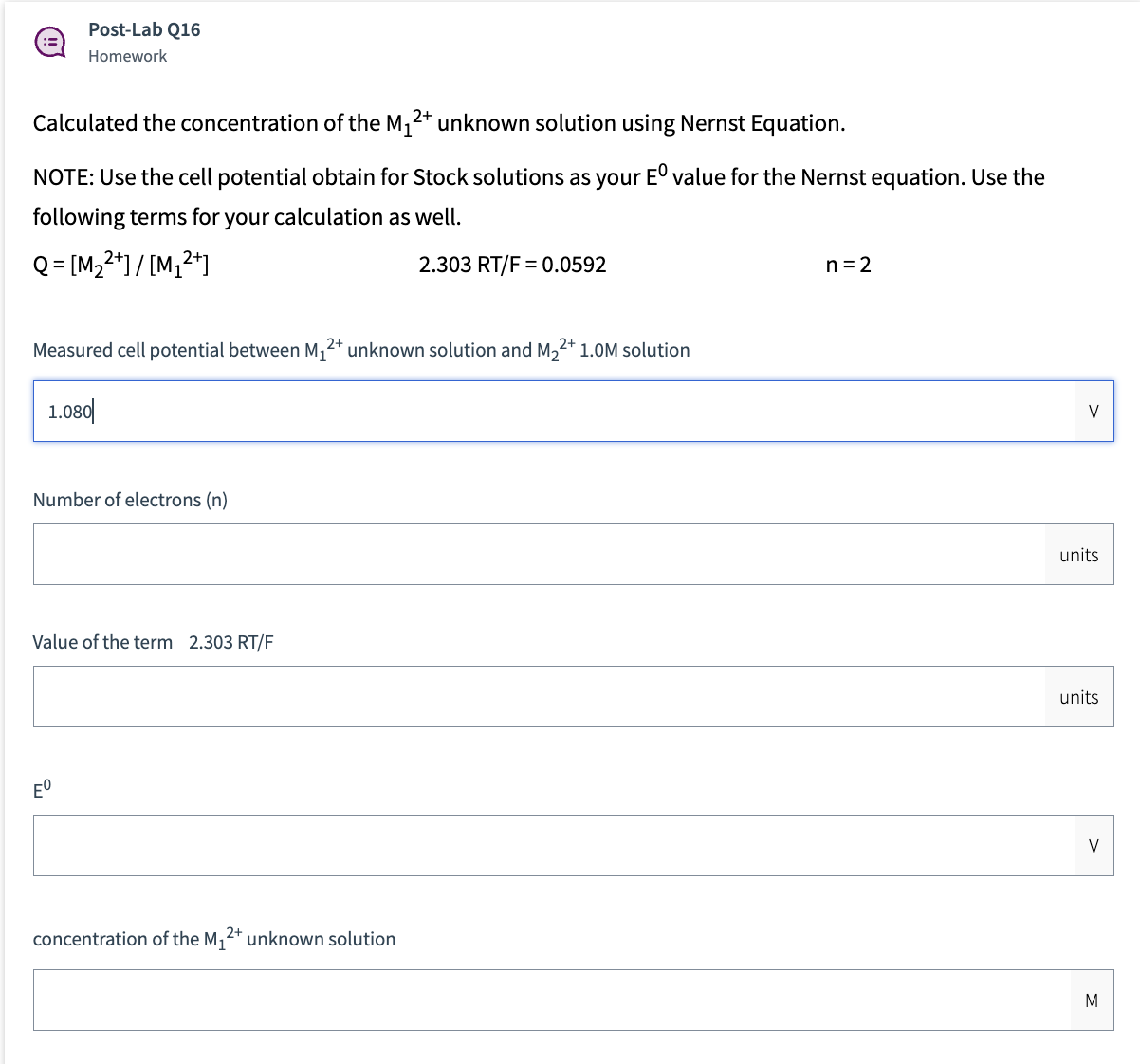 Solved Post-Lab Q16 Homework Calculated the concentration of | Chegg.com