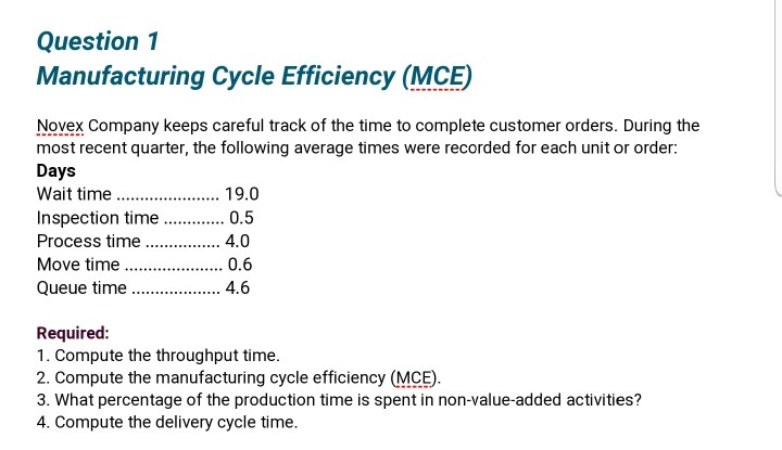 Solved Question 1 Manufacturing Cycle Efficiency (MCE) Novex | Chegg.com