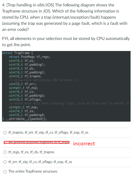 Solved 4. [Trap handling in x86/JOS] The following diagram | Chegg.com