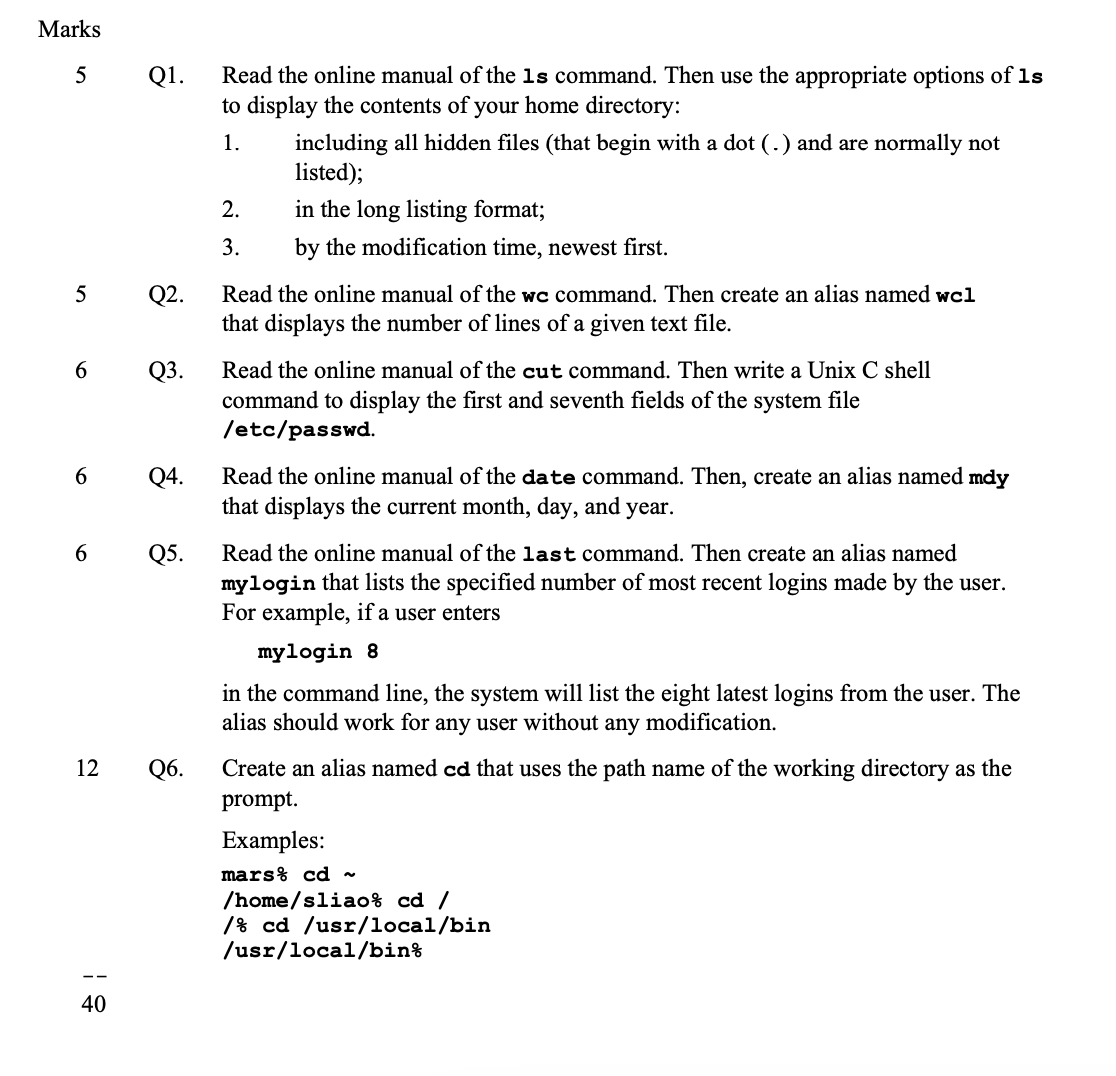 Solved 5 Q1. Read the online manual of the 1s command. Then | Chegg.com
