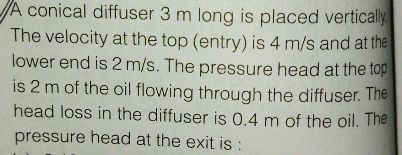 Solved A conical diffuser 3 m long is placed vertically . | Chegg.com