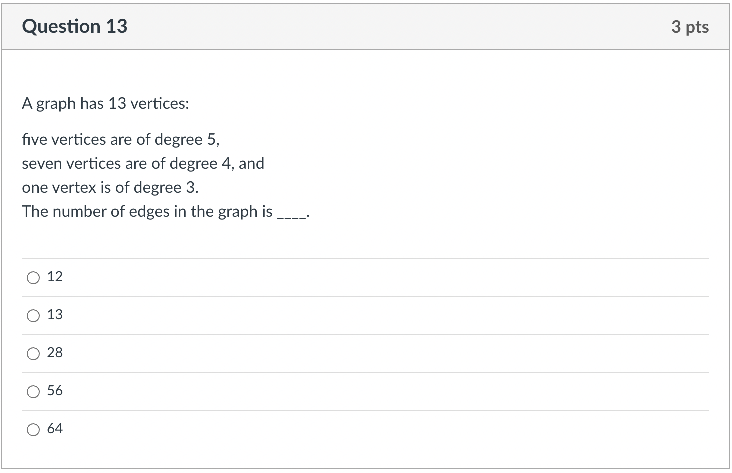 Solved Question 13 3 pts A graph has 13 vertices: five | Chegg.com