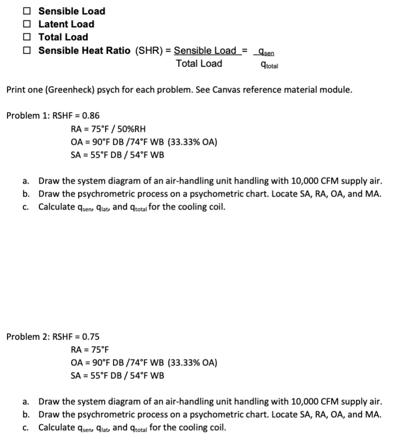 Sensible Load Latent Load Total Load Sensible Heat | Chegg.com
