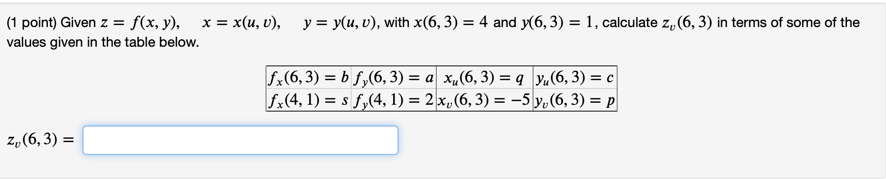 Solved (1 point) Given z=f(x,y),x=x(u,v),y=y(u,v), with | Chegg.com