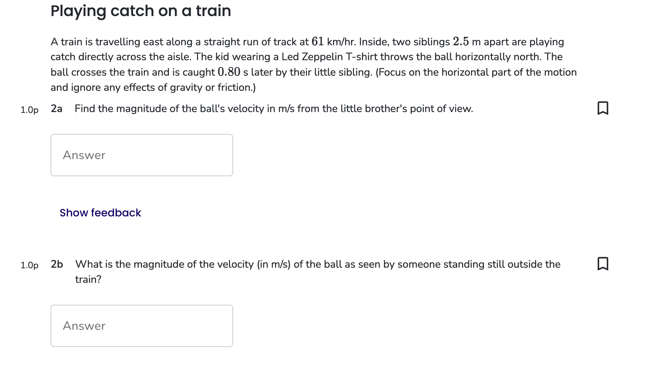 Solved Playing catch on a train 1.0p 2c What is the angle | Chegg.com