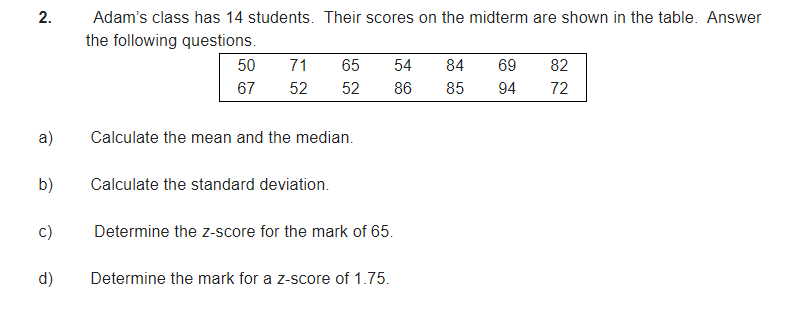Solved 2. Adam's class has 14 students. Their scores on the | Chegg.com