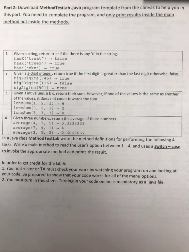 Solved Part 2: Download MethodTestlab .java program template | Chegg.com