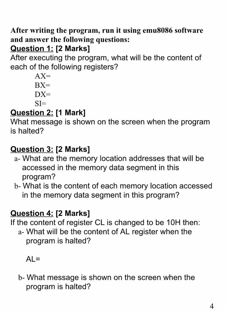 Solved Write an assembly language program to do the | Chegg.com