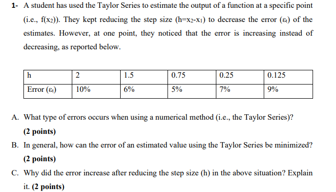 Solved 1- A student has used the Taylor Series to estimate | Chegg.com