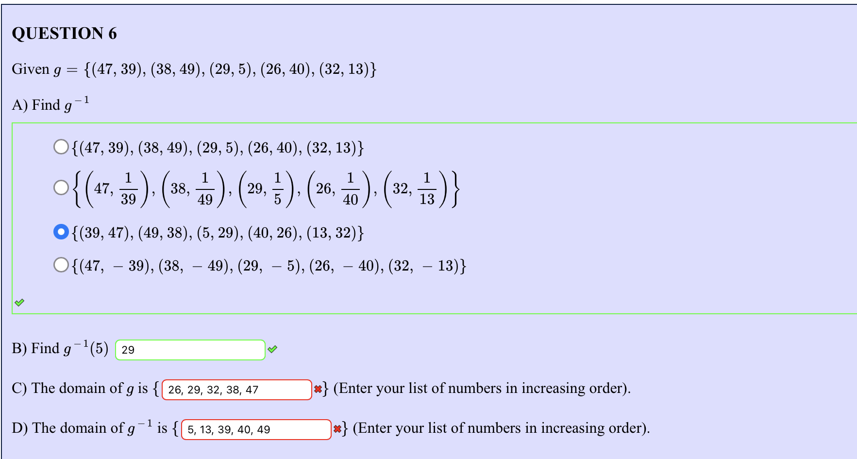 Solved Given g={(47,39),(38,49),(29,5),(26,40),(32,13)} A) | Chegg.com