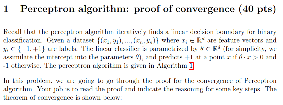 1 Perceptron algorithm: proof of convergence (40 pts) | Chegg.com