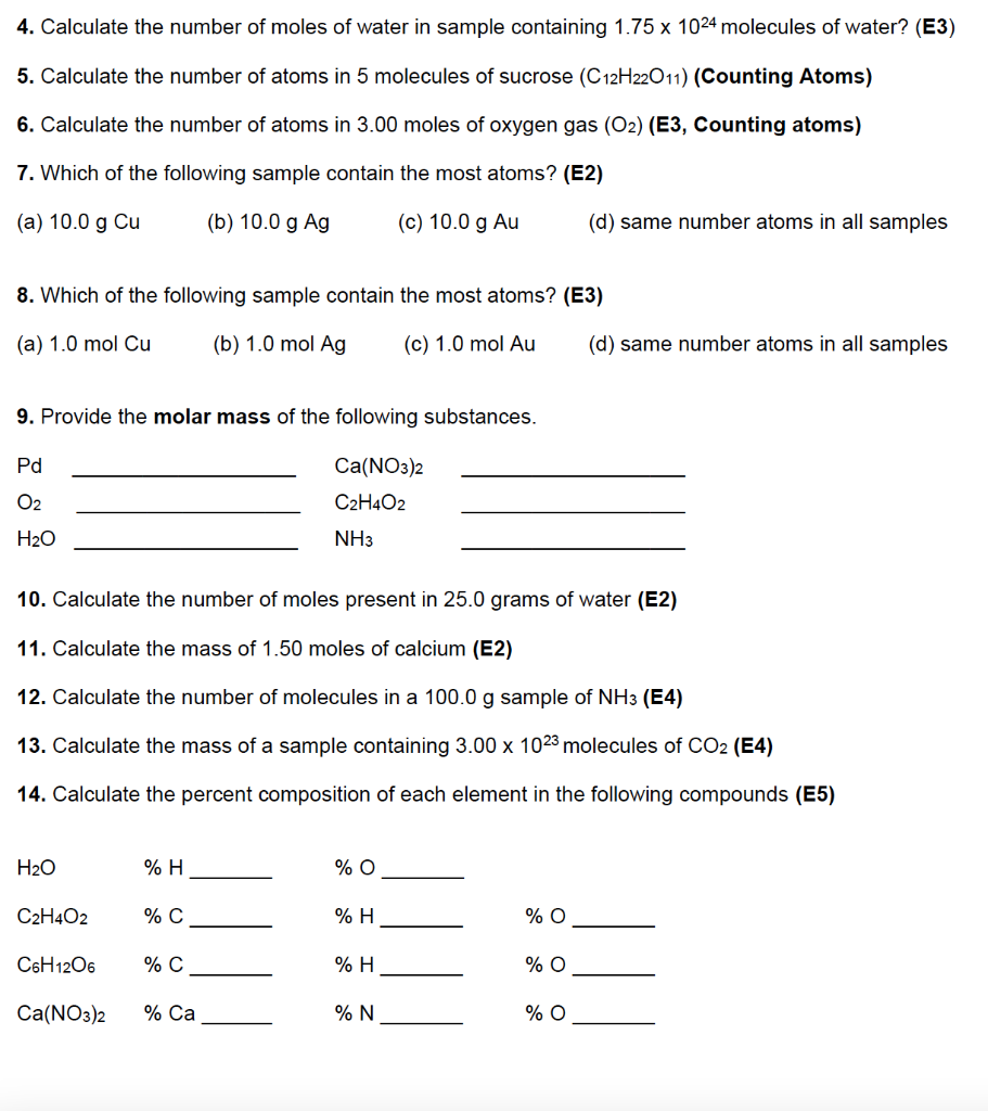 Solved 4. Calculate the number of moles of water in sample | Chegg.com