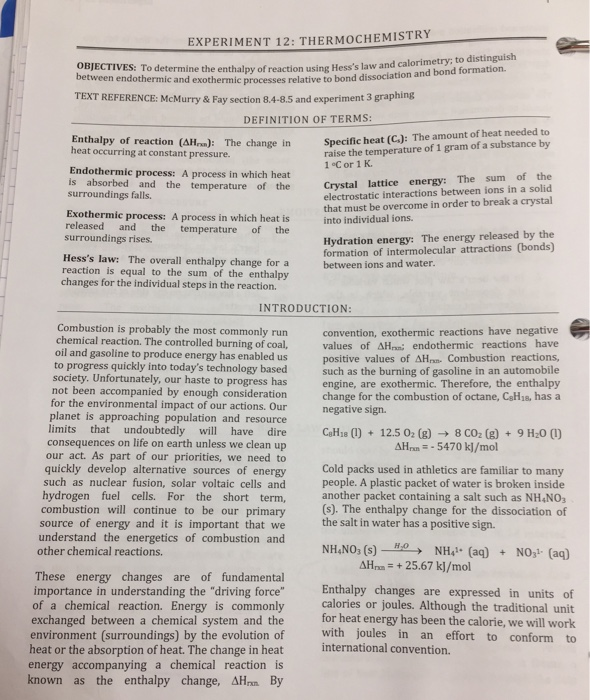 EXPERIMENT 12: THERMOCHEMISTRY to distinguish | Chegg.com