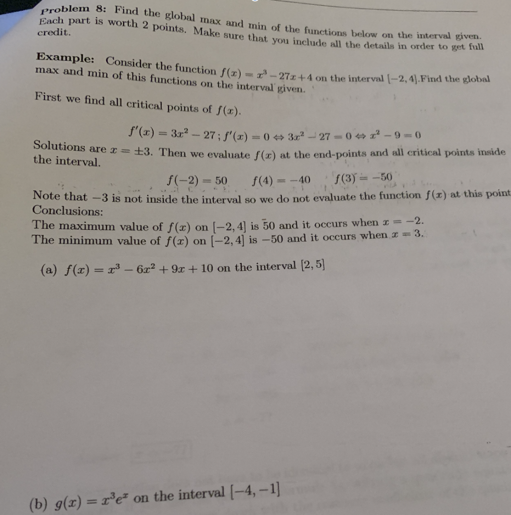 Solved Problem 8: Find the global max and min of the | Chegg.com