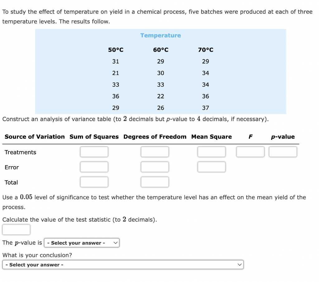 Solved To study the effect of temperature on yield in a | Chegg.com