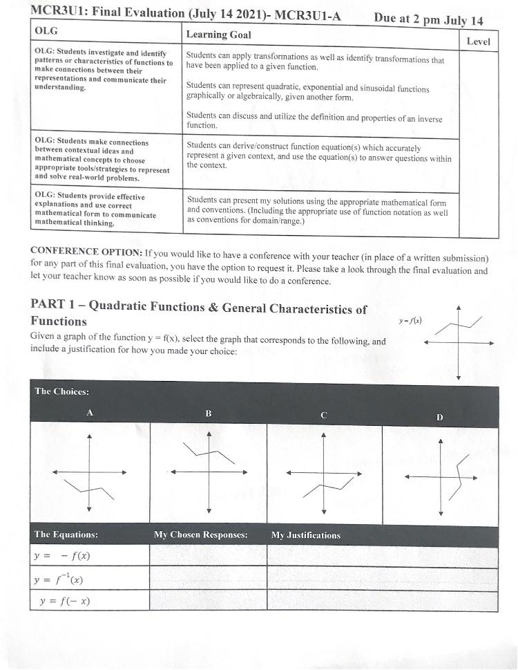 Solved MCR3U1: Final Evaluation (July 14 2021)- MCR3U1-A OLG | Chegg.com