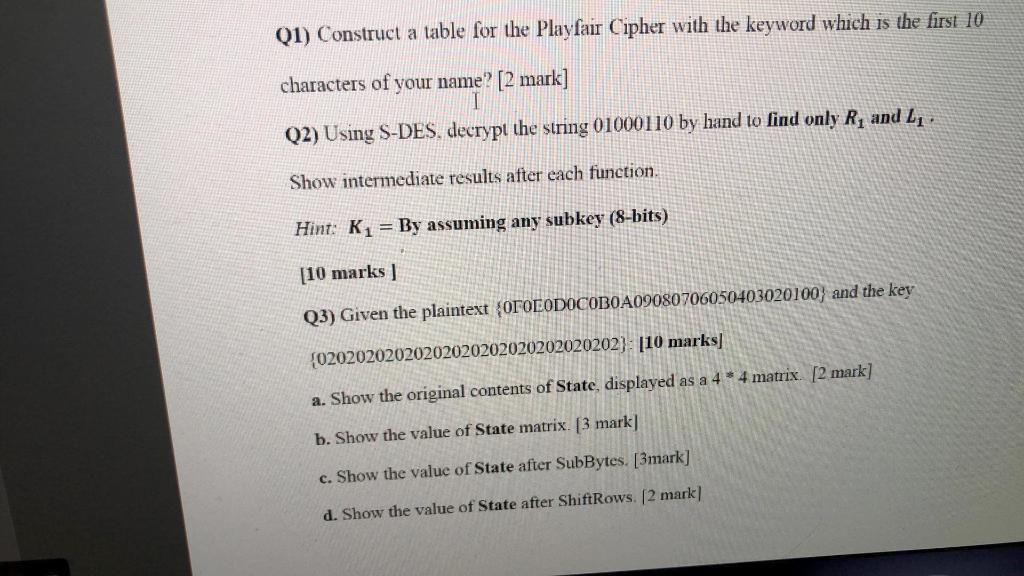 Solved (1) Construct a table for the Playfair Cipher with | Chegg.com